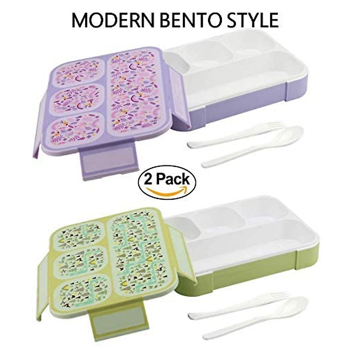 Bento Box for Kids Lunch-Boxes for Girls Boys | Food Safe Portion Snack Containers for Toddlers Pre-School | Cute Day-Care Meal Container BPA Free Lunches | Purple Green-Yellow 4 Compartments, 2 pack