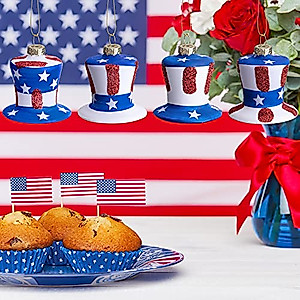 12Pcs Patriotic Glass Hat Ornament, July 4th Uncle Sam American Hat Ornament, Red White Blue Memorial Veterans Day Hanging Hat for Independence Day Party Decor (American)