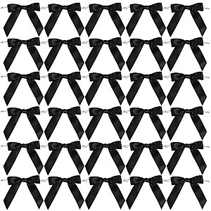 AIMUDI Black Bows for Gift Wrapping 2.5" Premade Black Twist Tie Bows for Crafts Pre-Tied Black Satin Ribbon Bows Small Gift Bows for Treat Bags Party Favors Wedding Decorations - 50 Counts