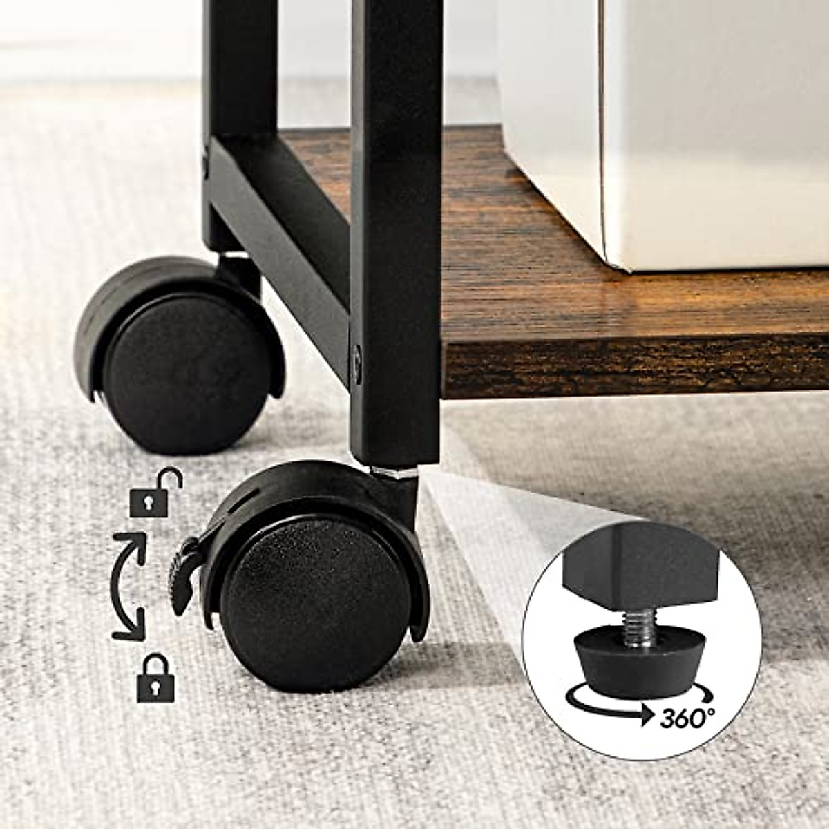 ALLOSWELL 3-Tier Mobile Printer Stand, Rolling Cart with Power Outlets and USB Ports, Industrial Printer Cart, Home Utility Storage Rack with 2 Hooks, for Office, Living Room, Rustic Brown PTHR40E01