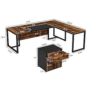 LITTLE TREE 70.8 Inches Executive Office Desk with File Cabinet, Large L Shaped Executive Desk with Storage Cabinet, Modern Office Desk with Drawers for Home Office(Rustic Brown Black)