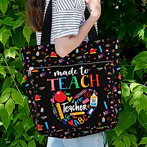 84hoods Large Tote Bag for Women Teacher. Aesthetic Shoulder Bag Gift for Teacher. Waterproof Work Grocery Bag 15 inch with Pockets and Zipper. Made to Teach.