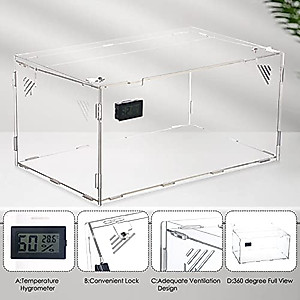 PetierWeit Reptile Terrarium Acrylic Reptile Tank with Temperature Hygrometer 15.3"x9.7"x7.6" Large Reptile Breeding Box Suitable for Tortoise, Horned Frog, Gecko, Chameleon, Snake, Hamster, Spider