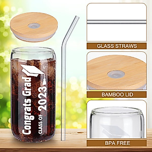 Rtteri 4 Pack Graduation Gift Congrats Grad Class of 2024 Can Cup, 16 oz Drinking Glasses with Bamboo Lid and Glass Straw, Can Shaped Drinkware Cups Grad Gifts for Graduates Whiskey Beer Soda