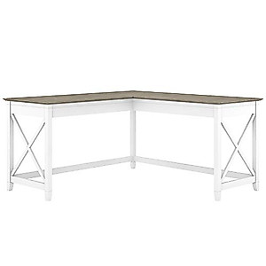 Bush Furniture Key West 60W L Shaped Desk, Pure White and Shiplap Gray & Key West 2 Drawer Lateral File Cabinet, Pure White Oak