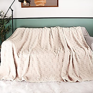 BOPRIO Throw Blanket Fuzzy Plaid Blanket for Sofa Couch or Bed, Queen Size 330GSM Luxury Fleece Soft Warm Blanket for All Seasons, 60 x 90 Inch Cream