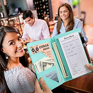 CoBak Server Book - Waitress Book Organizer with Zipper Pouch for Restaurant Waitstaff, 5 Large Pockets with Pen Holder, Mint Green.