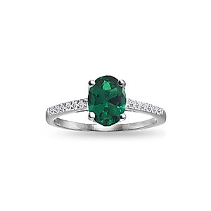 GemStar USA Sterling Silver Simulated Emerald and White Topaz Oval Crown Ring, Size 5