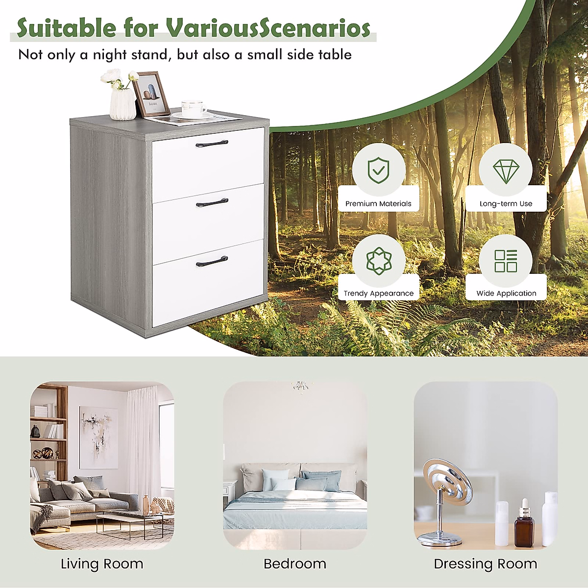 Giantex 3 Drawer Dresser, 26" Tall Wood Drawer Chest Dresser Cabinet with Storage & Gray Grain, Storage Cabinet, Nightstand for Living Room, Bedroom, Hallway, Entryway