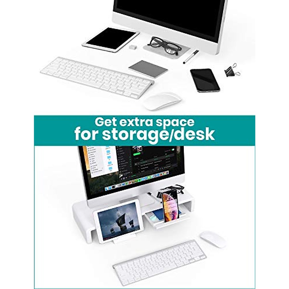 Monitor Stand Riser, Klearlook Foldable Computer Monitor Stand, Adjustable Computer Stand Desk Organizer with Storage Drawer, Tablet Phone Stand for Laptop PC Printer (White)