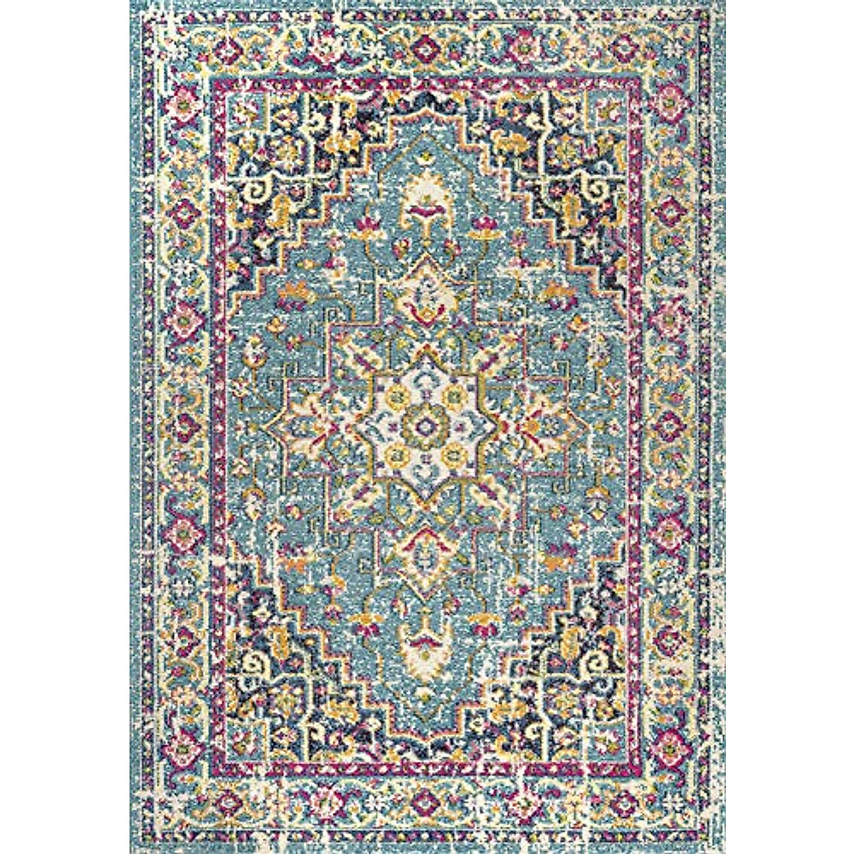 JONATHAN Y MDP207E-4 Brooklyn Geometric Medallion Bohemian Indoor Area-Rug Country Easy-Cleaning Bedroom Kitchen Living Room Non Shedding, 4 X 6, Blue