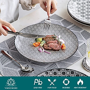 vancasso Haruka Ceramic Dinner Plates 10 Inch, Round Salad Plates Fit Steak Fruit Pasta Pancake, Microwave, Oven, Freezer and Dishwasher Safe, Set of 4, Japanese Plates Black and White