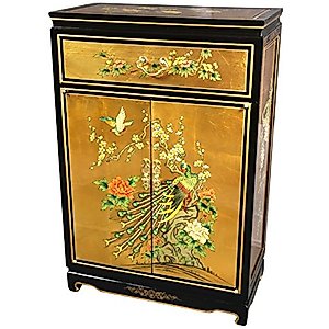 Oriental Furniture 36" Gold Leaf Shoe Cabinet - Birds and Flowers