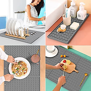 SOSMAR Silicone Drying Mat, 24” x 16”, Dish Drying Mat, Trifold Large Dish Drainer Mat for Kitchen Counter, Heat Resistant Hot Pot Holder, Non-Slip Silicone Sink Mat, BPA Free, Dish Washer Safe, Gray