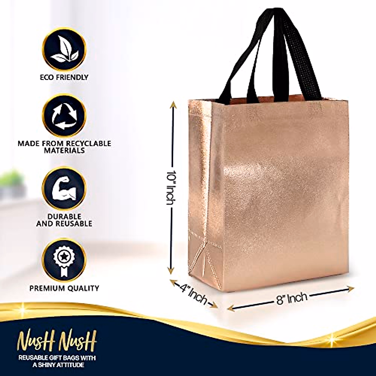 Nush Nush Rose Gold Gift Bags Medium Size - Set of 12 Reusable Rose Gold Gift Bags With Handles - Birthday Gift Bags, Goodie Bags, Party Favor Bags, Reusable Gift Bags, Medium Gift Bags - 8X4X10