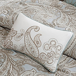 Madison Park Pure Ronan Cotton Comforter Set - Casual Paisley Design, All Season Alternative Down Cozy Bedding, Matching Shams, Decorative Pillows, Blue King/Cal King(104"x92") 5 Piece