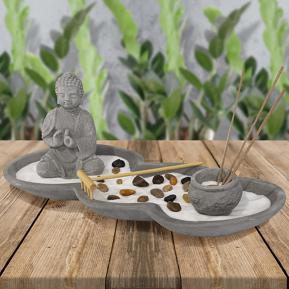 Japanese Mini Zen Garden Decor, Incense Holder with Buddha Statue for Relaxation and Meditation, Gift Set Perfect for Home and Office Decor