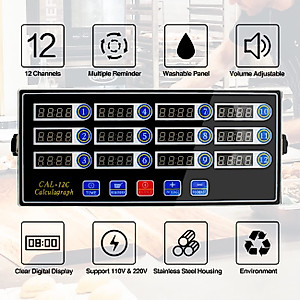 12 Channels Commercial Kitchen Timer Digital Display with Loud Alarm Adjustable Cooking Reminder for Home Restaurant, Multiple Channels for Twelve Multi-Event, Waterproof Fryer Turkey Timer, Black