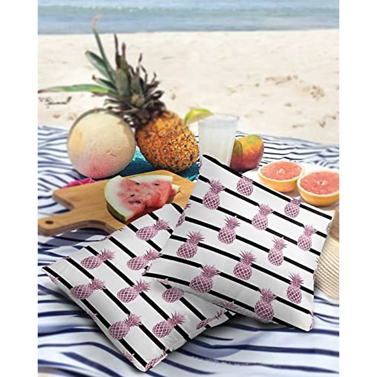 Outdoor Waterproof Throw Pillow Covers Pink Pineapple Lumbar Pillowcases Black Stripe Decorative Outdoor Pillows Cushion Case Patio Pillows for Sofa Couch Bed Garden 18 x 18 Inches