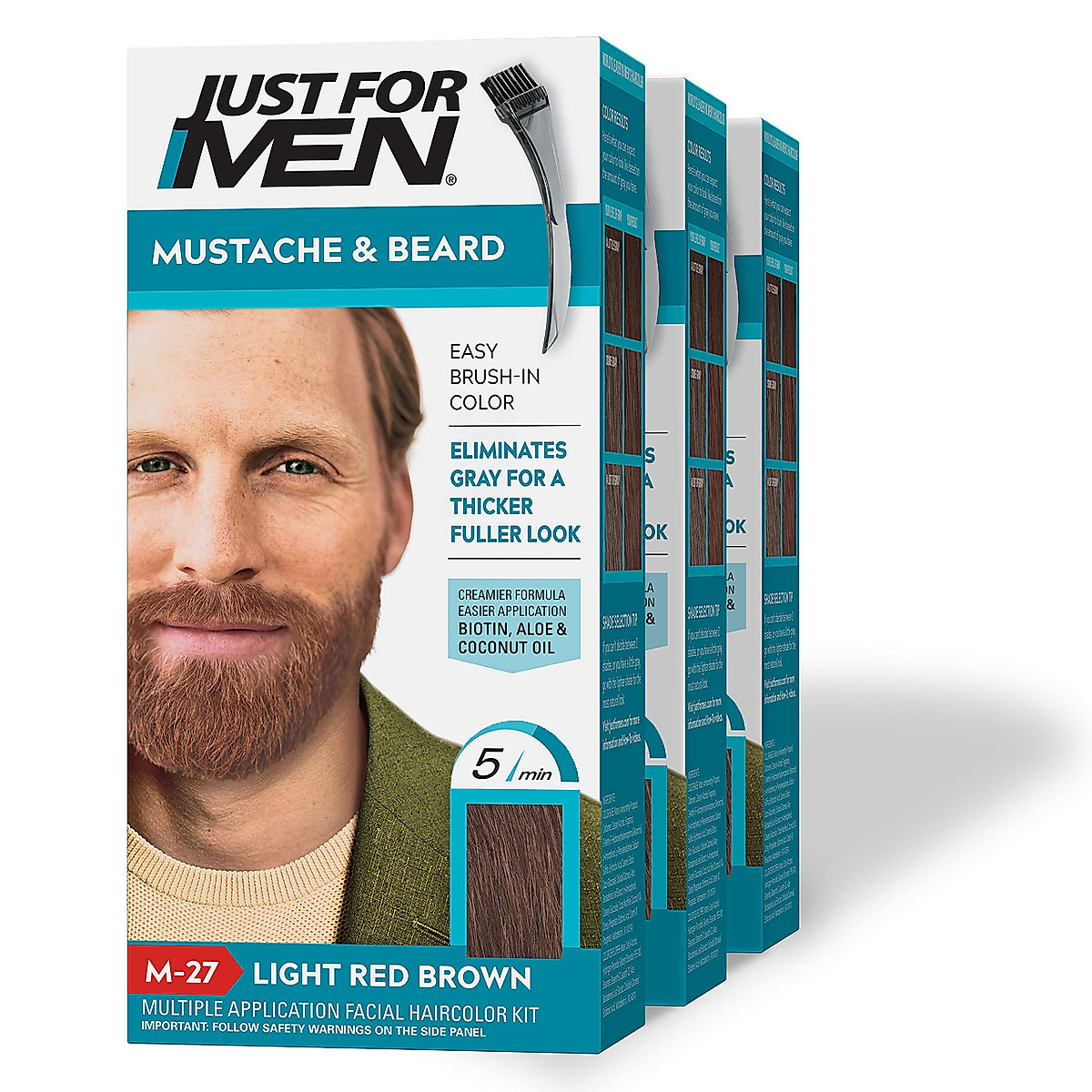 Just For Men Mustache & Beard, Beard Dye for Men with Brush Included for Easy Application, With Biotin Aloe and Coconut Oil for Healthy Facial Hair - Light Red Brown, M-27, Pack of 3