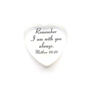 Lifeforce Glass Scripture Heart with Pouch, Remember I am with You Always. Matthew 28:20 (White)