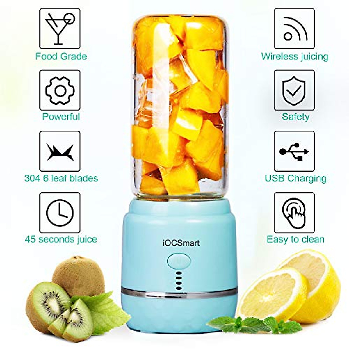 iOCSmart Portable Personal Size Blender, USB Rechargeable Mini Fruits Small Juicer Blender for Shakes and Smoothies with 2 Juice Cup Portable on the Go (Blue)