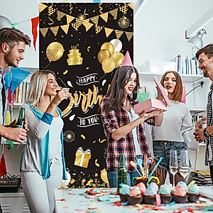 Black Gold Happy Birthday Door Banner,Birthday Door Cover Decoration Supplies Happy Birthday Backdrop Photography Background Sign for Women and Girls Birthday Party Home Outdoor Decor