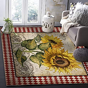 Area Rug Absorbent Non-Slip Rectangle Rug Retro Sunflower Red Rhombus Checkered Background Rugs for Living Room Bedroom Kitchen Entryway, Soft Floor Mat Indoor Carpet Accent Rugs 2x3 Feet