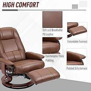 HOMCOM Faux Leather Manual Recliner, Adjustable Swivel Lounge Chair with Footrest, Armrest and Wrapped Wood Base for Living Room, Brown