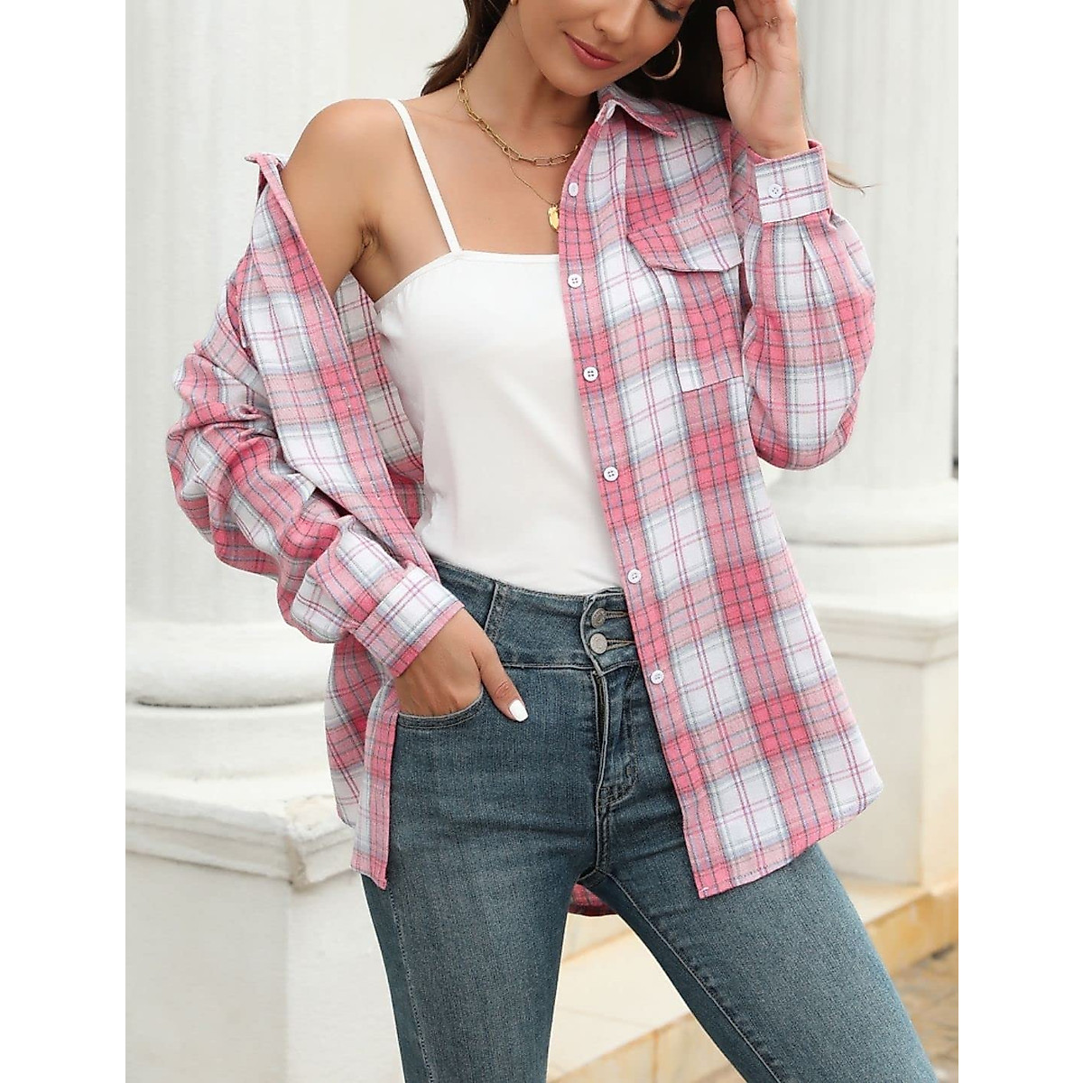 happlan Flannel Plaid Button Down Shirt Shacket Blouse Tops for Women Oversized(0392-Pink-3XL)
