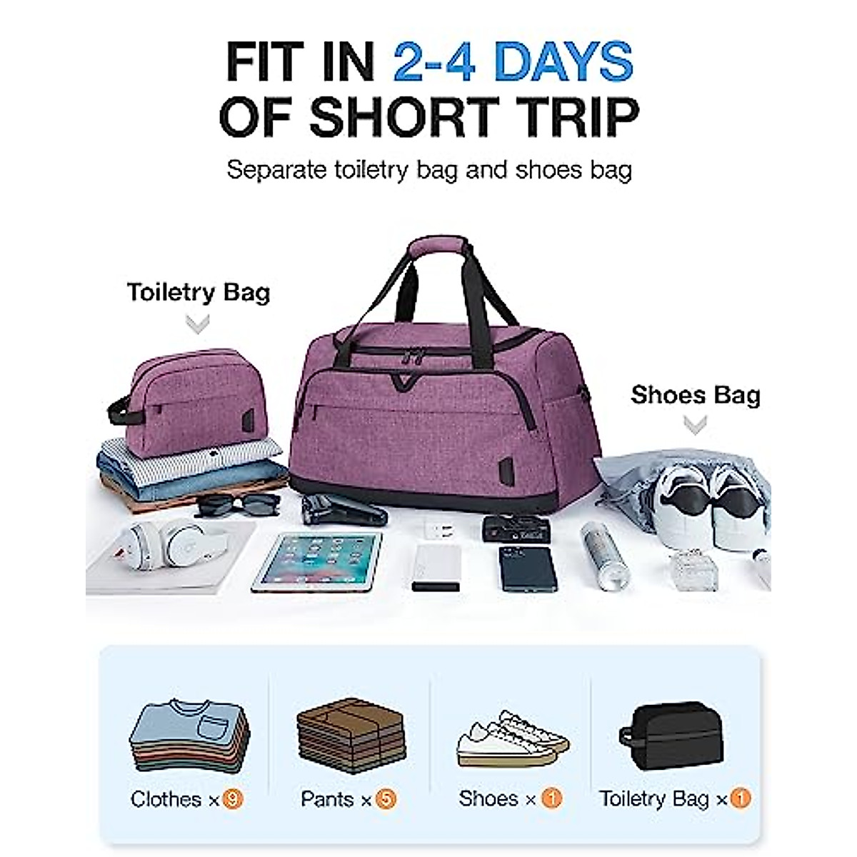 Weekender Bag for Women, BAGSMART 38L Carry on Overnight Bag, Gym Bag Personal Item Travel Bag with Trolley Sleeve, Shoe Bag, Purple-38L
