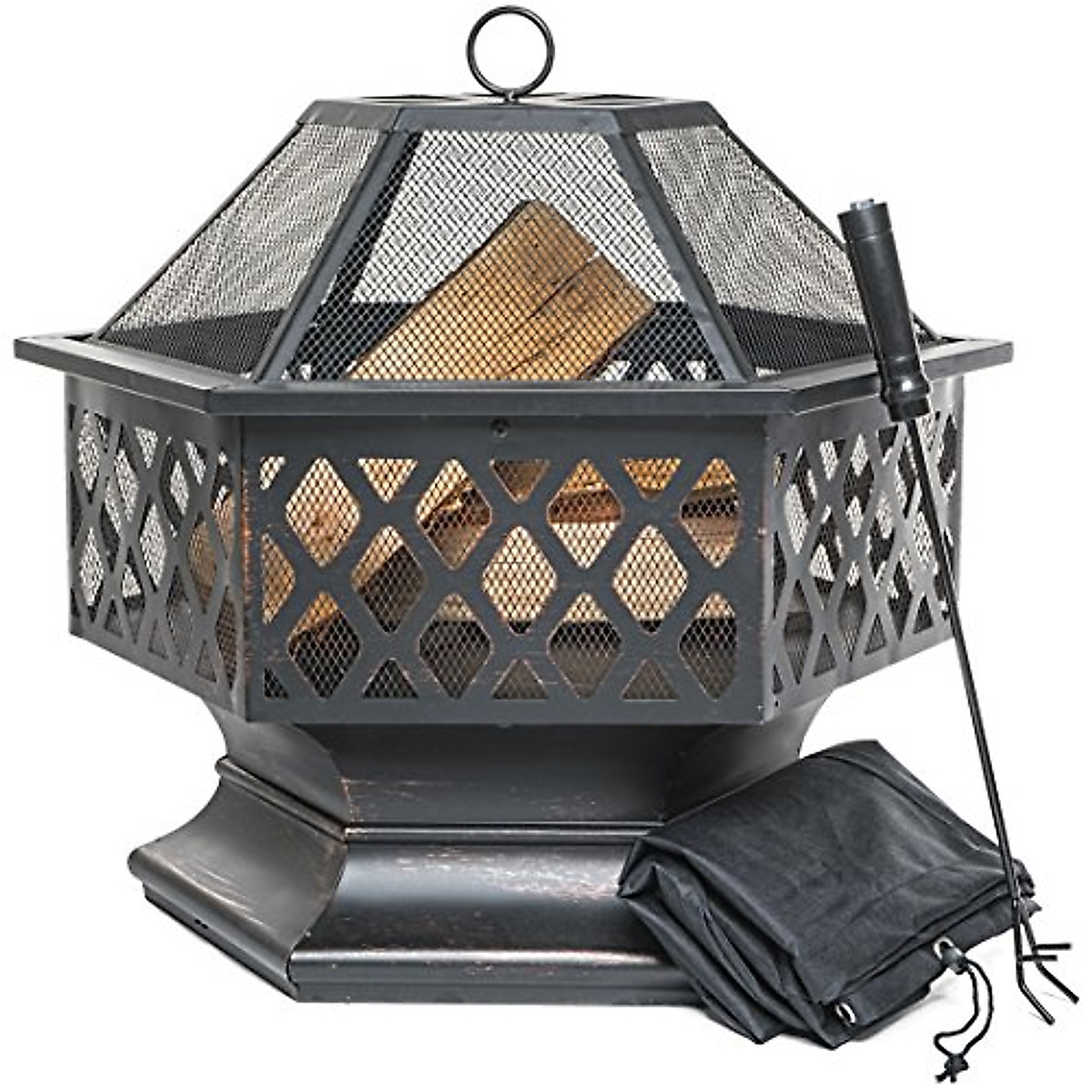 PRISP Outdoor Fire Pit for Garden and Patio, Large Hexagonal Fire Bowl, Includes Spark Guard, Poker and Protective Cover, Black and Bronze, 61 cm Width, 65 cm High - Foyer Extrieur