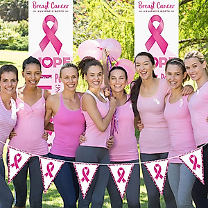 3 Pieces Breast Cancer Awareness Banner Porch Sign Set, Includes Pink Ribbon Pennant Banner, 2 Pieces Breast Cancer Ribbon Banner for Breast Cancer Awareness Party Decoration Supplies
