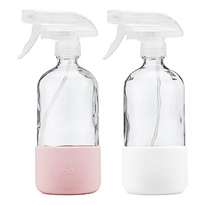 Just Like Joan Glass Spray Bottles 16 oz with Silicone Sleeve - Clear Glass Spray Bottles for Cleaning Solutions, Essential Oils, Plants, Vinegar - Refillable - Food Safe (2 Pack - Pink & White)