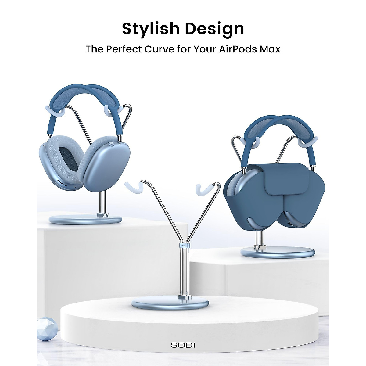 SODI Headphone Stand for AirPods Max - Desktop Headset Stand, Aluminum Anti-Slip Base Headphone Holder and Dock with Silicone Pad for Apple AirPods Max, Headphone Accessories for Desk, Blue