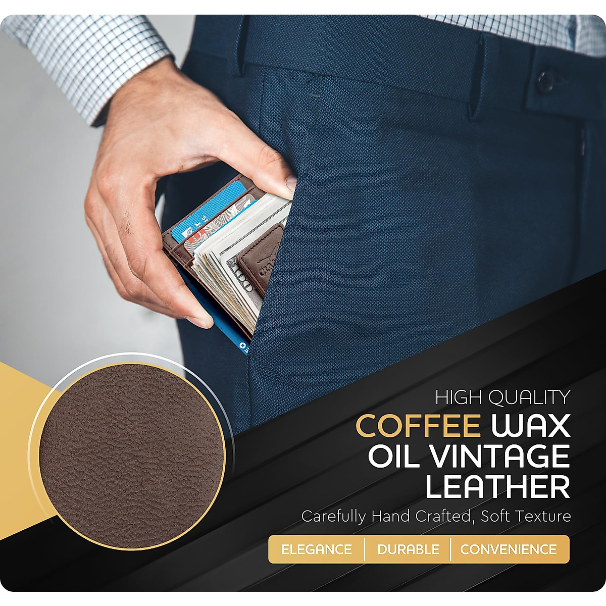 Money Clip Leather Wallet For Men Slim Front Pocket RFID Blocking with Super Strong Magnetic