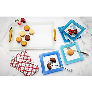 GAC Unique Design White-Grey Rectangular Tempered Glass Serving Tray with Wooden Handles – 10x14 Inch – Break Resistant – Dishwasher Safe - Attractive Colored Serving Platter