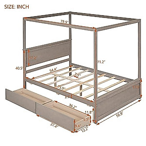 SIYSNKSI Modern Full Size Canopy Platform Bed with 2 Drawers, Wood Canopy Platform Bed with Support Slat, 4-Post Canopy Platform Bed Frame for Kids Teens Adult (Brushed Light Brown-2 Drawers)