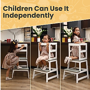 Saihony Standing Tower for Toddler, Kids Kitchen Step Stool Toddler Standing Tower Helper for Kitchen Counter and Bathroom Sink, Wooden Kids Montessori Learning Standing Stool with Safety Rail White