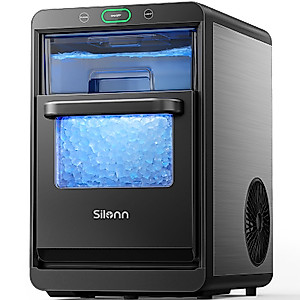Nugget Ice Maker Countertop, Silonn Pebble Ice Maker Machine Crushed Ice, 44lbs in 24h, Pull-Out Water Tank and Removable Ice Basket for Home, Kitchen, Stainless Steel