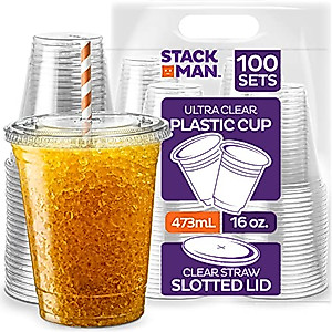 [100 Sets - 16 oz.] Clear Plastic Cups with Straw Slot Lid, PET Crystal Clear Disposable 16oz