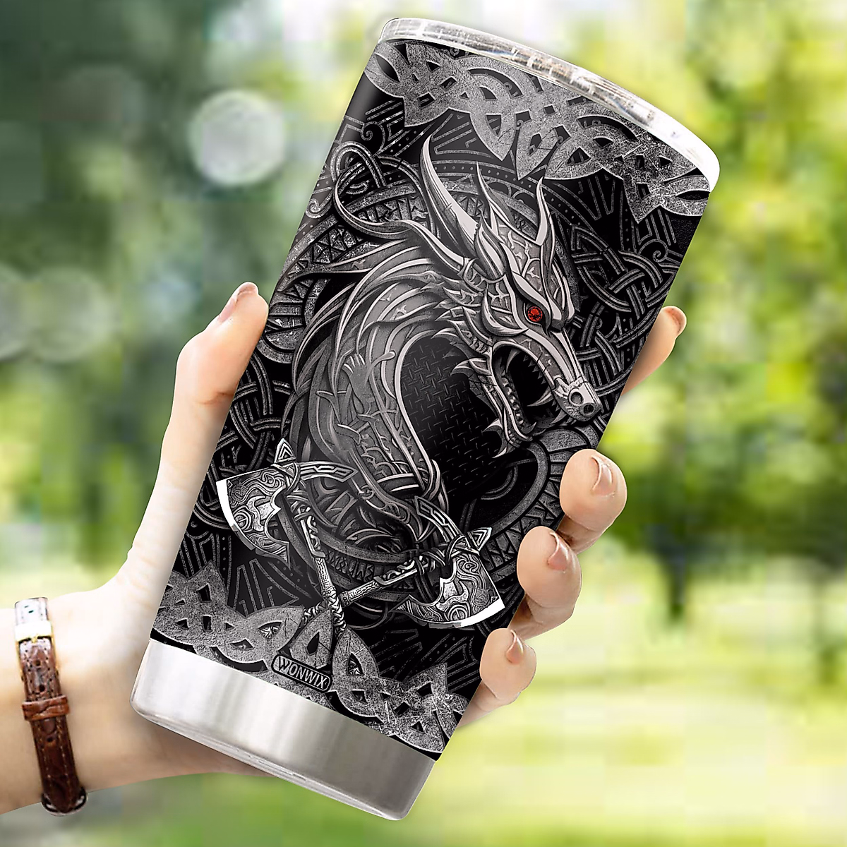 WONWIX Personalized Dragon Viking Tumbler Gifts for Men Dad Husband Friends Dragon Lovers Insulated Stainless Steel 20oz With Lid Travel Cup Coffee Mug Water Bottle Gift
