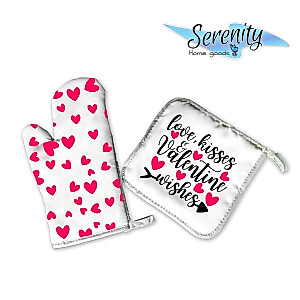 Decorative Kitchen Oven Mitt Hot Plate Pot Holder Set | Valentines Day Hearts Decorations | Love Kisses And Valentine Wishes | White Oven Home Decor Holiday Decorations | House Warming Gift Present