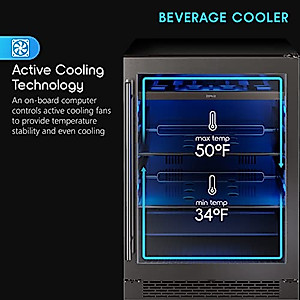 Zephyr 24" Wine Fridge & Beverage Refrigerator Single Zone Under Counter - Mini Wine Cooler Cellars Small Beer Cabinet Drink Chiller Freestanding with French Glass Door Black, 7 Bottles, 112 Cans