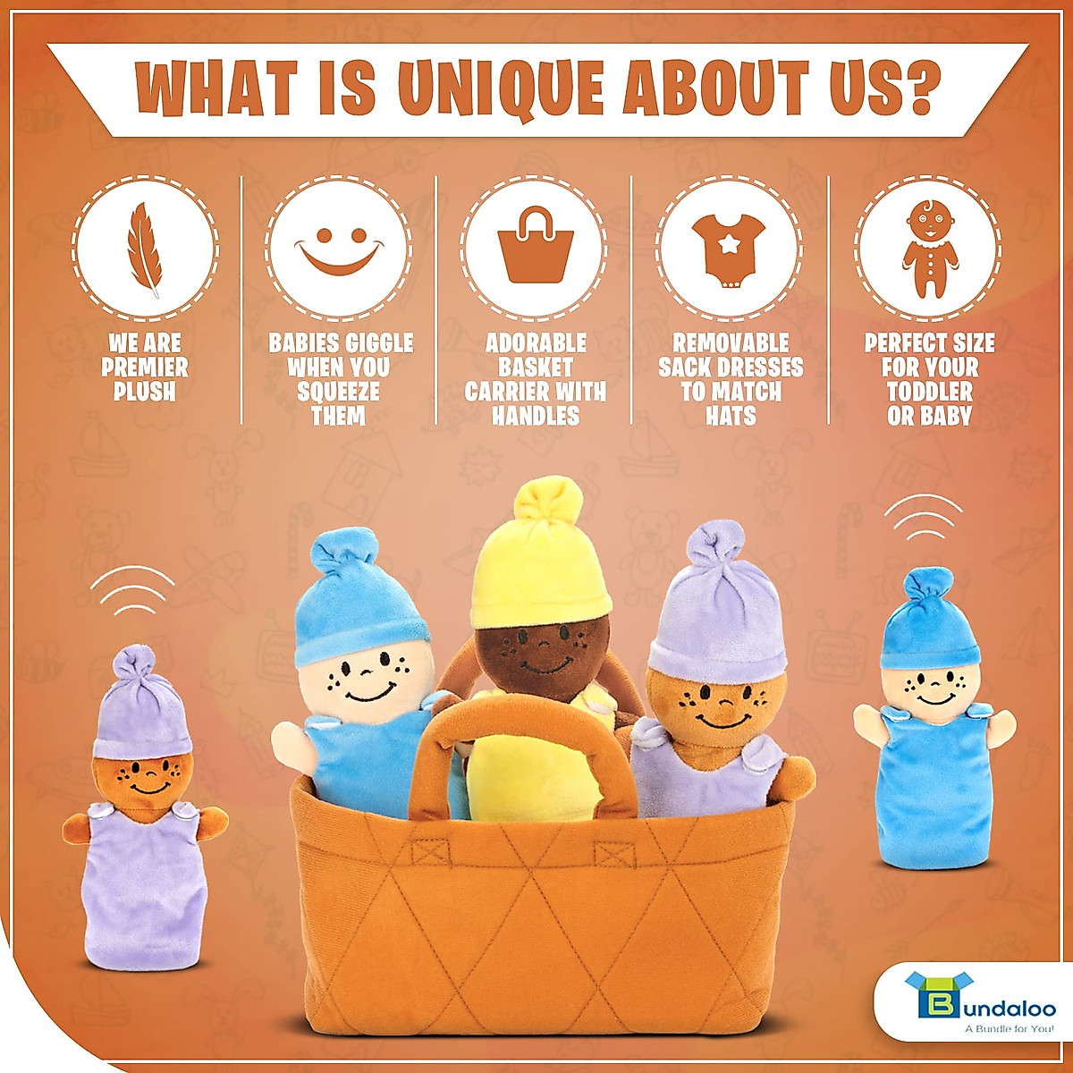 Bundaloo Basket of Babies with Realistic Giggling Sounds - Plush Baby Doll Set with Carrier - 3 Multicultural Dress Up Dolls Playset