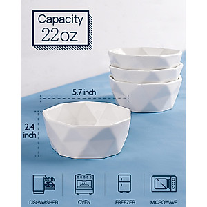 DELLING 22 Oz Geometric Cereal Bowls, White Soup Bowls Dessert/Snack Bowls Set for Rice Pasta Salad Oatmeal, Microwave/Dishwasher/Oven Safe Set of 4