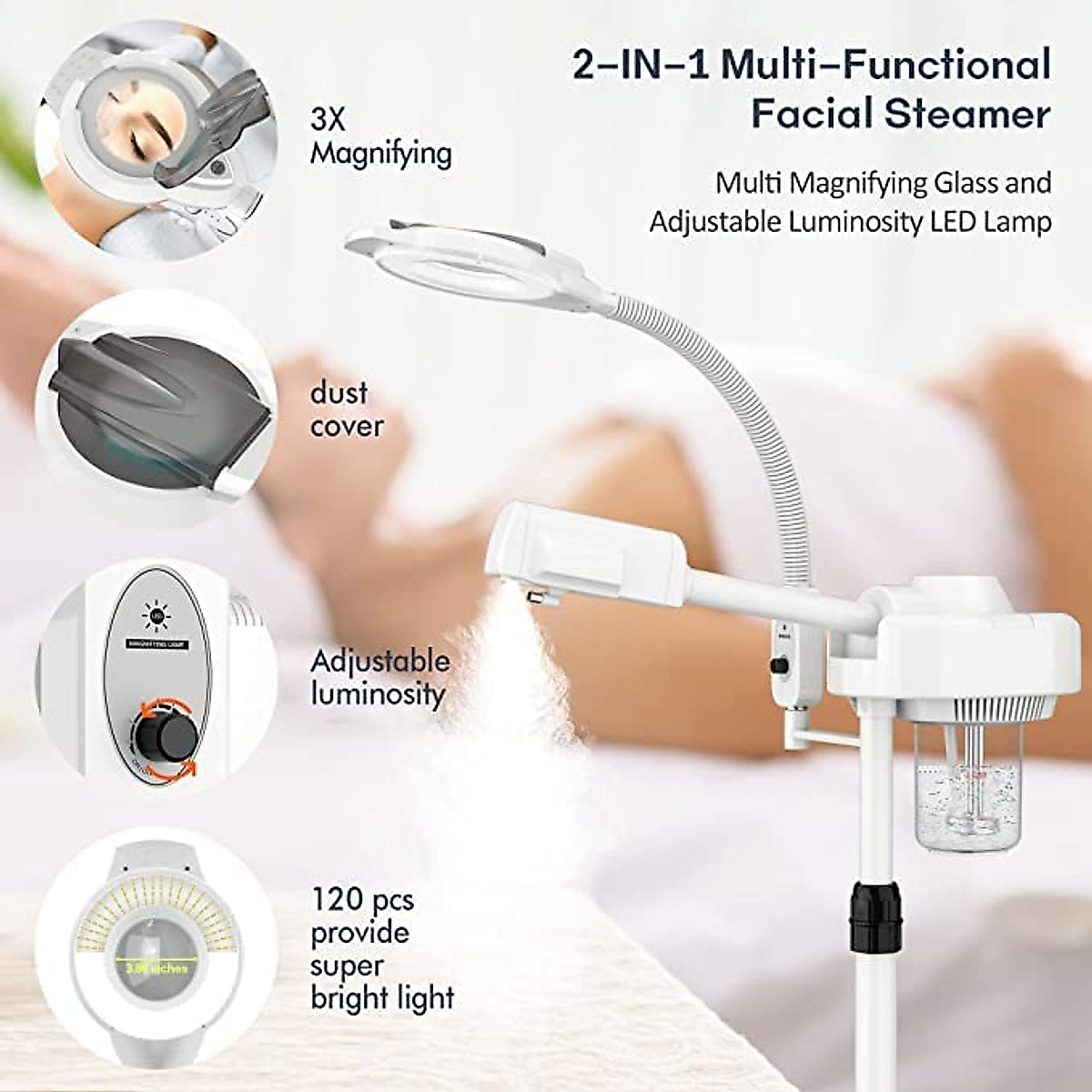 KINGSTEAM Professional Facial Steamer & Magnifying Lamp 2-in-1 Strong Steam Face Steamer with 3X Magnifying Lamp for Salon, Spa, Estheticians, Ozone Steamer for Flawless Skin