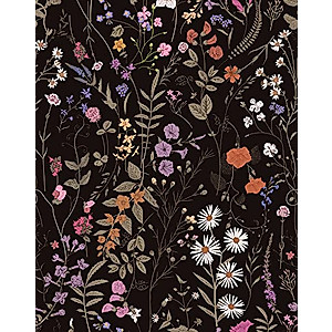 Wallpaper Self-Adhesive Blooming Vintage Colourful Flowers Wall Paper for Bedroom Living Room Cabinet, Peel and Stick Beige Sketch Little Flowers Wallpaper Mural 7.1 sq. feet (17.3''''x59.1'', Black)