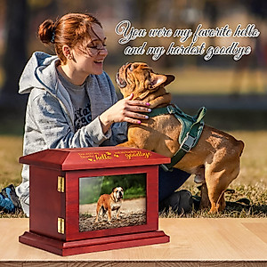 TJ. MOREE Pet Urns for Dog Ashes, Memorial Gifts for Loss of Cat, Personalized Wooden Cremation Urn with Photo Frame, Keepsake Memory Box with Black Flannel Bag for Pet up to 100 Pounds