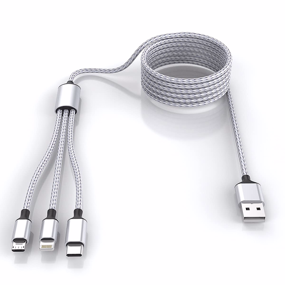 Multi 3 in 1 USB Long iPhone Charging Cable, 1.8M/5.9Ft Nylon Braided Universal Phone Charger Cord USB C/Micro USB/Lightning Connector Adapter for Android/Apple/Samsung/LG/Pixel/Huawei/XiaoMi(Gray)